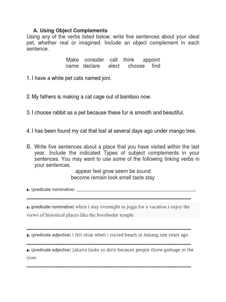 Complements Task | PDF | Predicate (Grammar) | Object (Grammar)
