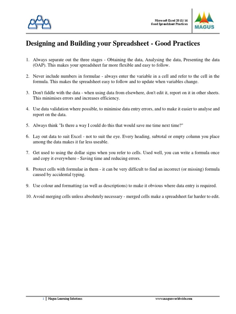 Excel Spreadsheet Best Practices | PDF | Computers