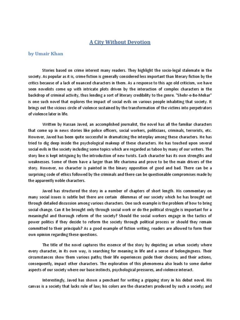Hasan Javed - Shehre Be Mehar - Book Review | PDF | Violence | Crime ...