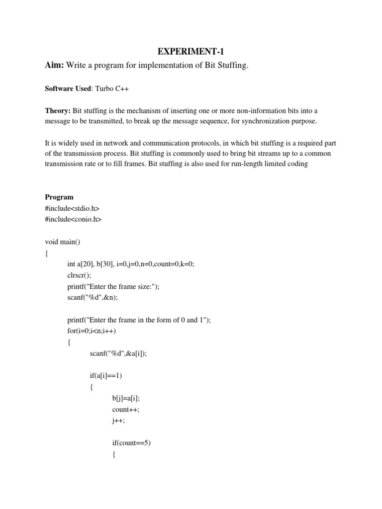 Experiment-1 Aim: Write A Program For Implementation of Bit Stuffing | PDF | Computer Network ...