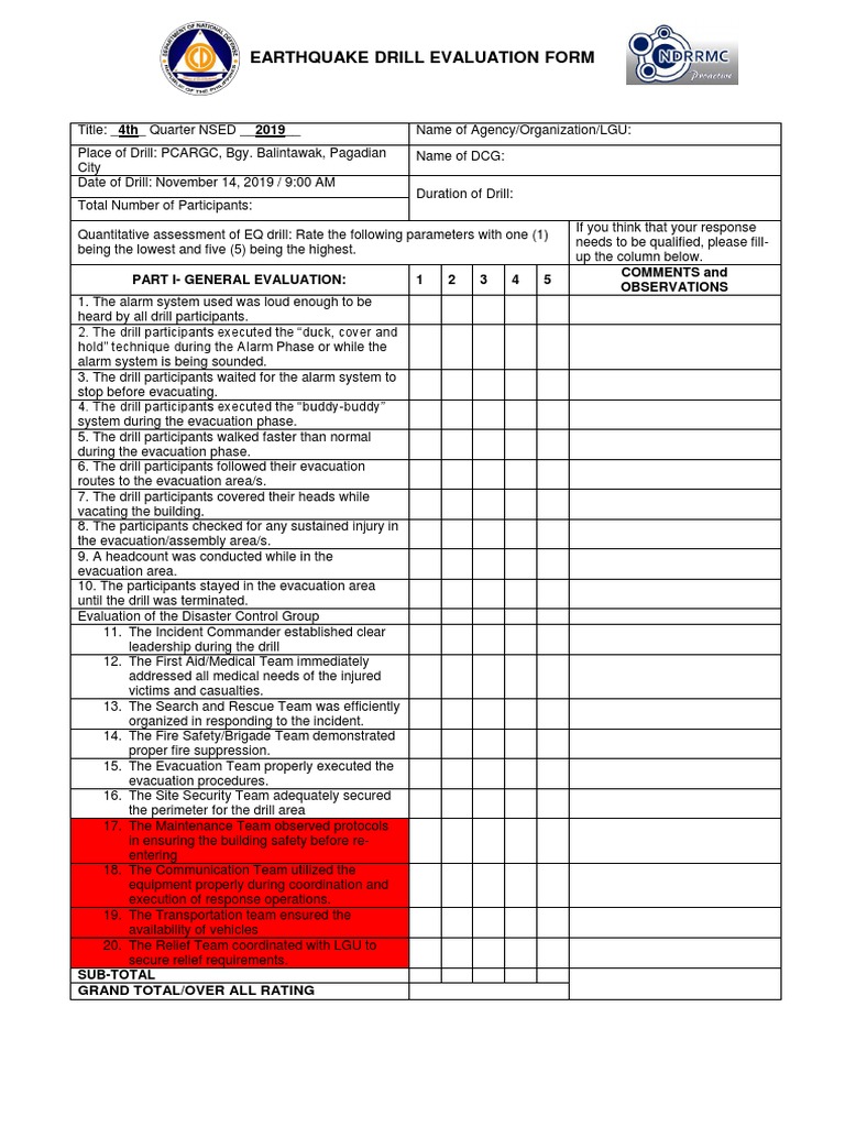 Earthquake Drill Evaluation Form 2019 | PDF | Emergency Management ...