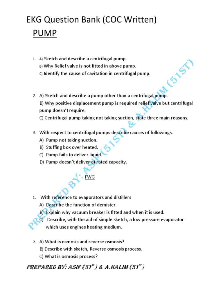 EKG Questions Bank (COC Written) | PDF | Pump | Chemical Engineering