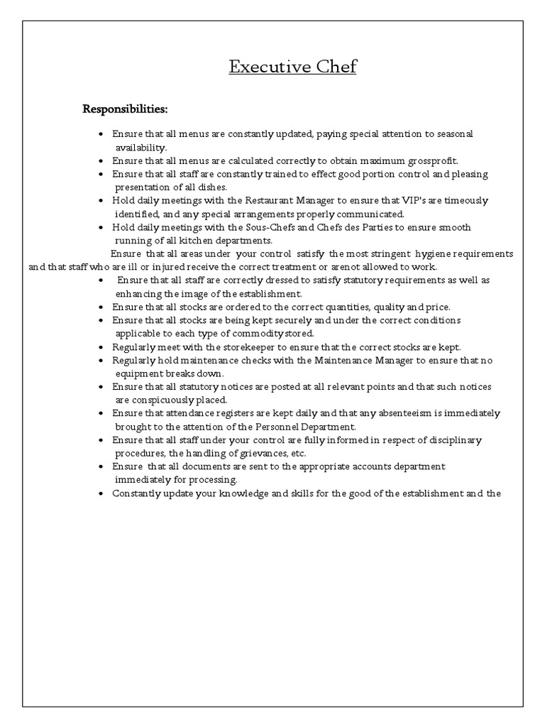 Executive Chef Responsibilities Overview | PDF | Menu | Chef