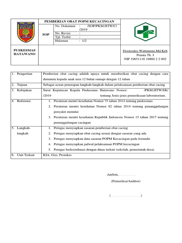 Sop Pemberian Obat Popm Kecacingan | PDF