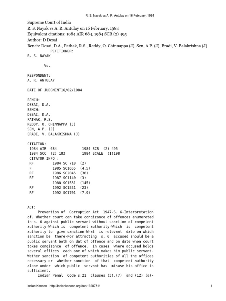 R. S. Nayak Vs A. R. Antulay On 16 February, 1984 | PDF | Complaint ...