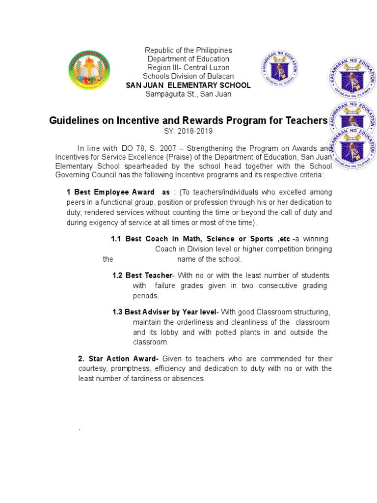 Guidelines On Incentive and Rewards Program For Teachers | PDF