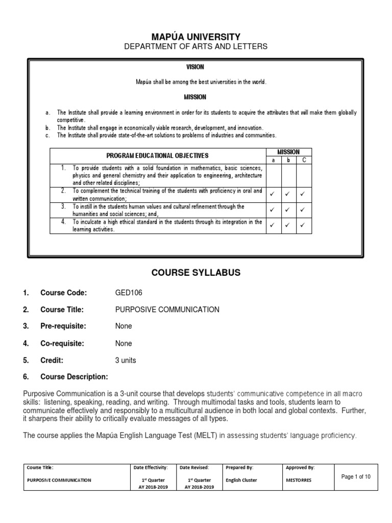 GED106: Purposive Communication Syllabus | PDF | Lecture | Engineering