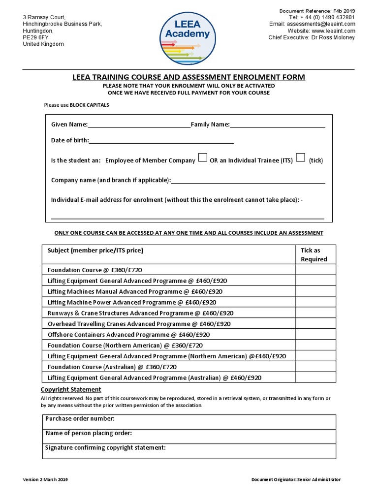 F4b 2019 LEEA Training Course Assessment Enrollment Form Version 2 March 2019 | PDF | Visa Inc ...