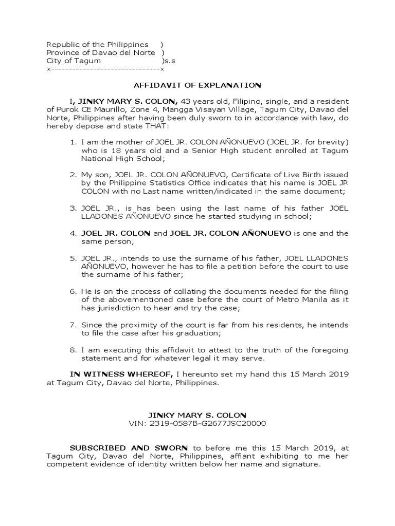 Affidavit of Explanation - Birth Cert | PDF