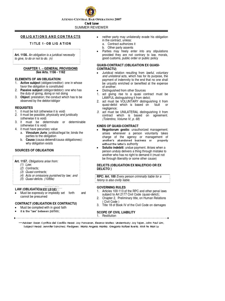 Obligations and Contracts Reviewer Atene | PDF | Law Of Obligations | Negligence