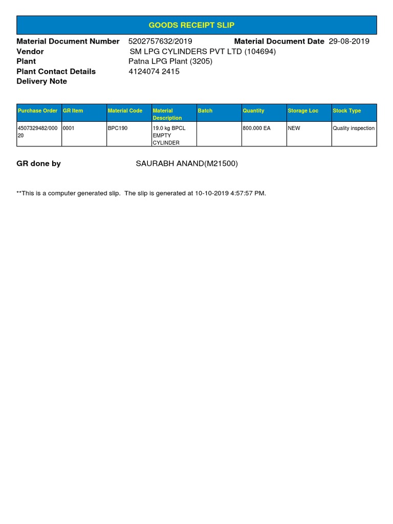 Goods Receipt Slip: This Is A Computer Generated Slip. The Slip Is ...