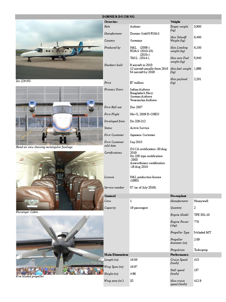 Dornier Do 228 NG Specifications and Price | PDF | Cockpit | Aircraft