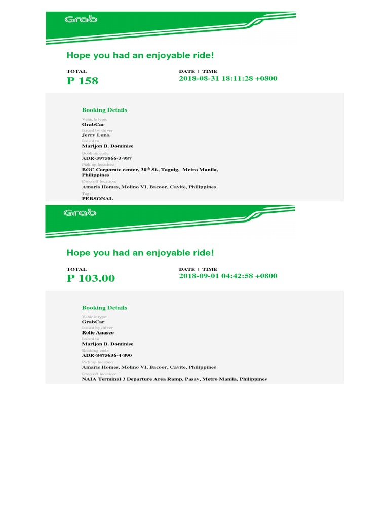 GrabCar Booking Details Summary | PDF