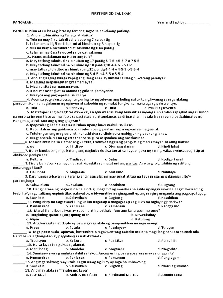 Filipino Exam Maam Joy | PDF