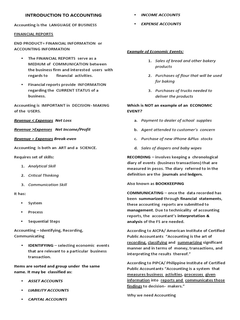 Introduction To Accounting: Example of Economic Events | Download Free ...