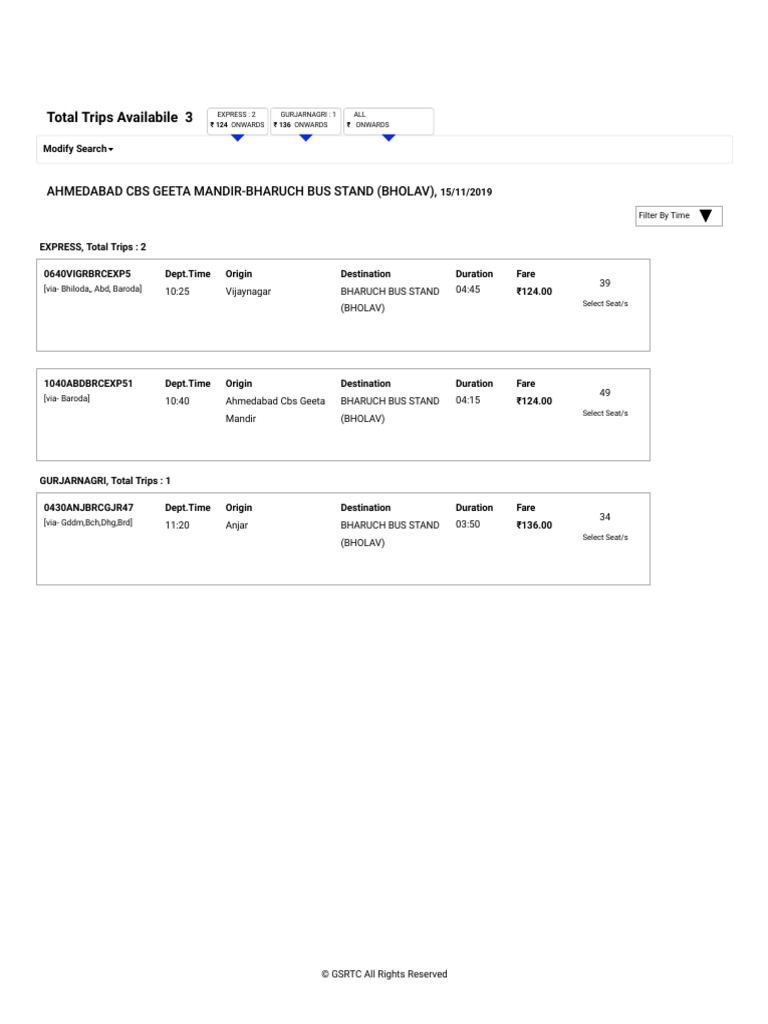 Total Trips Availabile 3: Ahmedabad Cbs Geeta Mandir-Bharuch Bus Stand ...