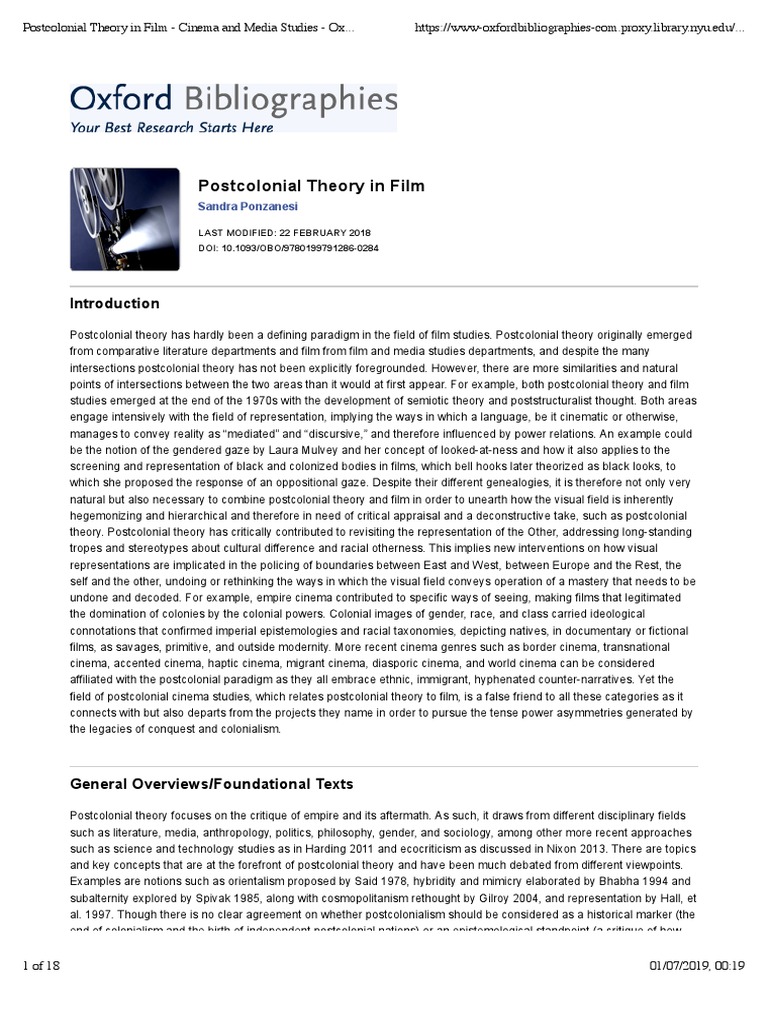 Postcolonial Theory in Film Cinema and Media Studies Oxford Bibliographies | PDF ...