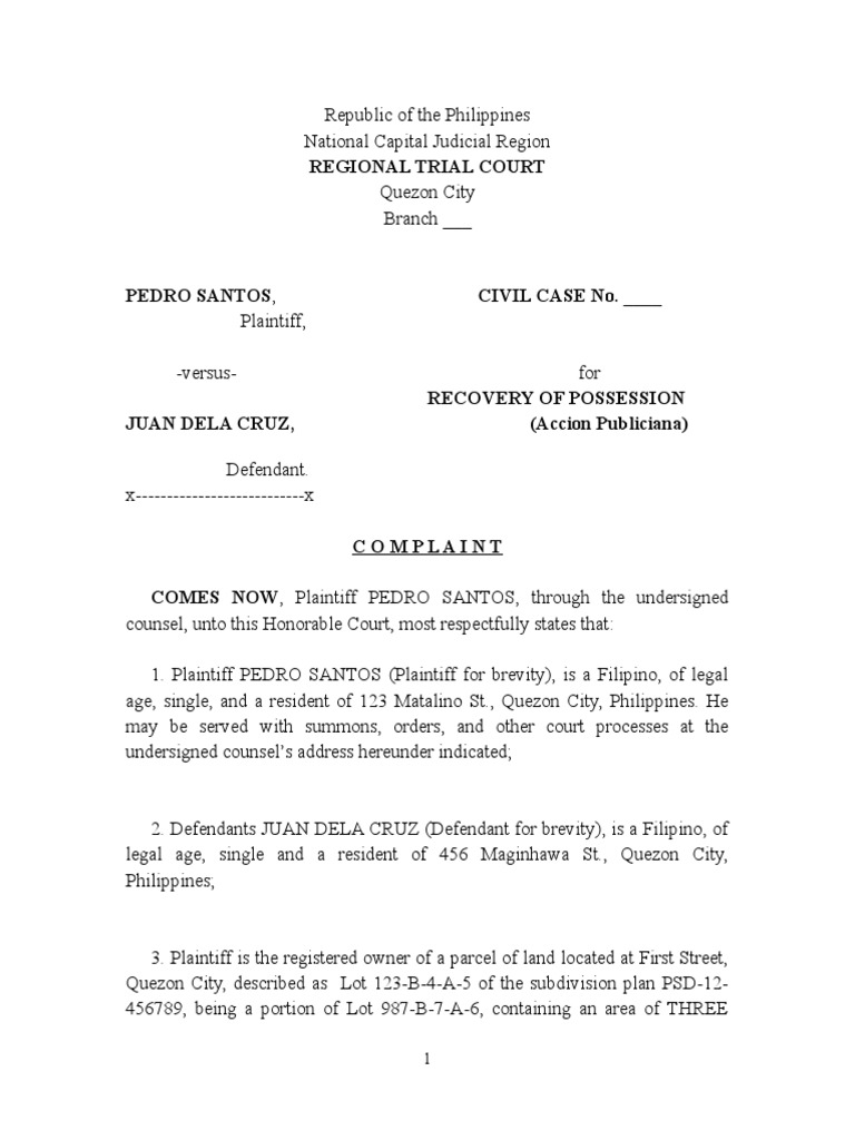 Accion Publiciana Draft | PDF | Lawsuit | Virtue