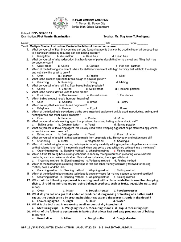 BPP Grade 11 First Quarter Exam | PDF | Breads | Dough