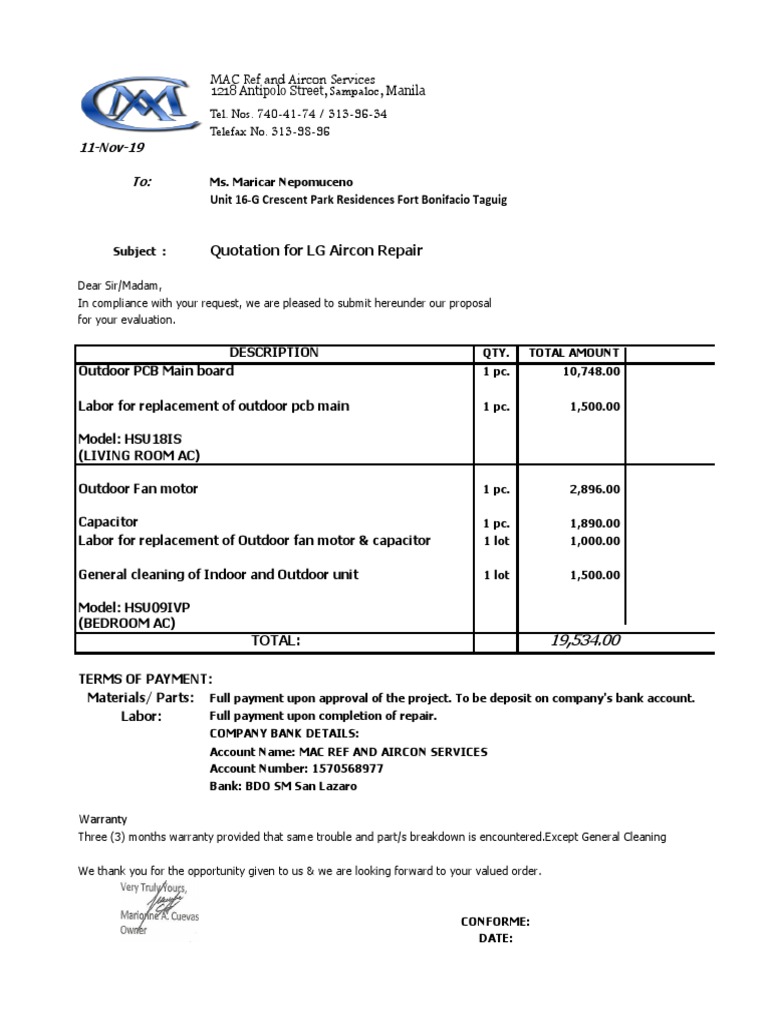 MAC Ref and Aircon Services: Quotation For LG Aircon Repair | PDF