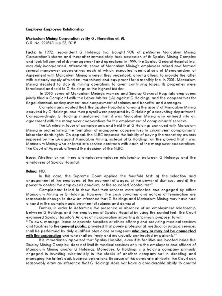 Maricalum Mining Corp vs. Florentino Case | PDF | Employment | Human ...