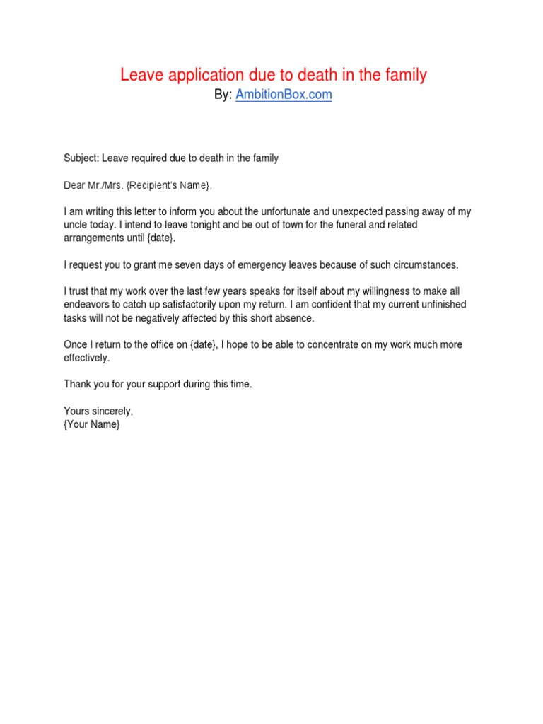 Leave Application Due To Death in The Family | PDF