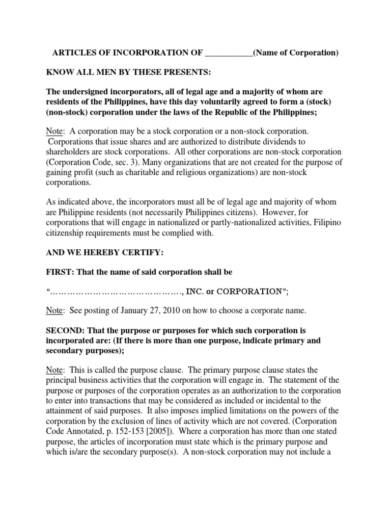 Articles of Incorporation Template | PDF | Corporations | Stocks