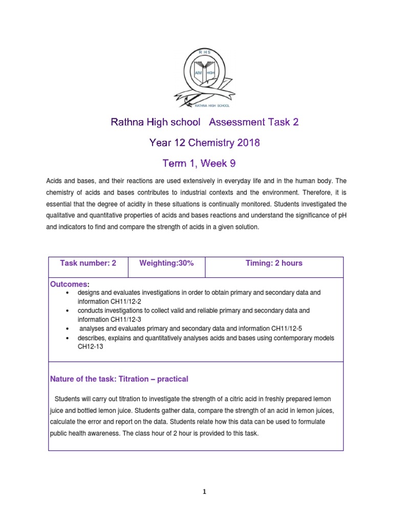 Chemistry Assessment Task 2 | PDF | Educational Assessment | Ph