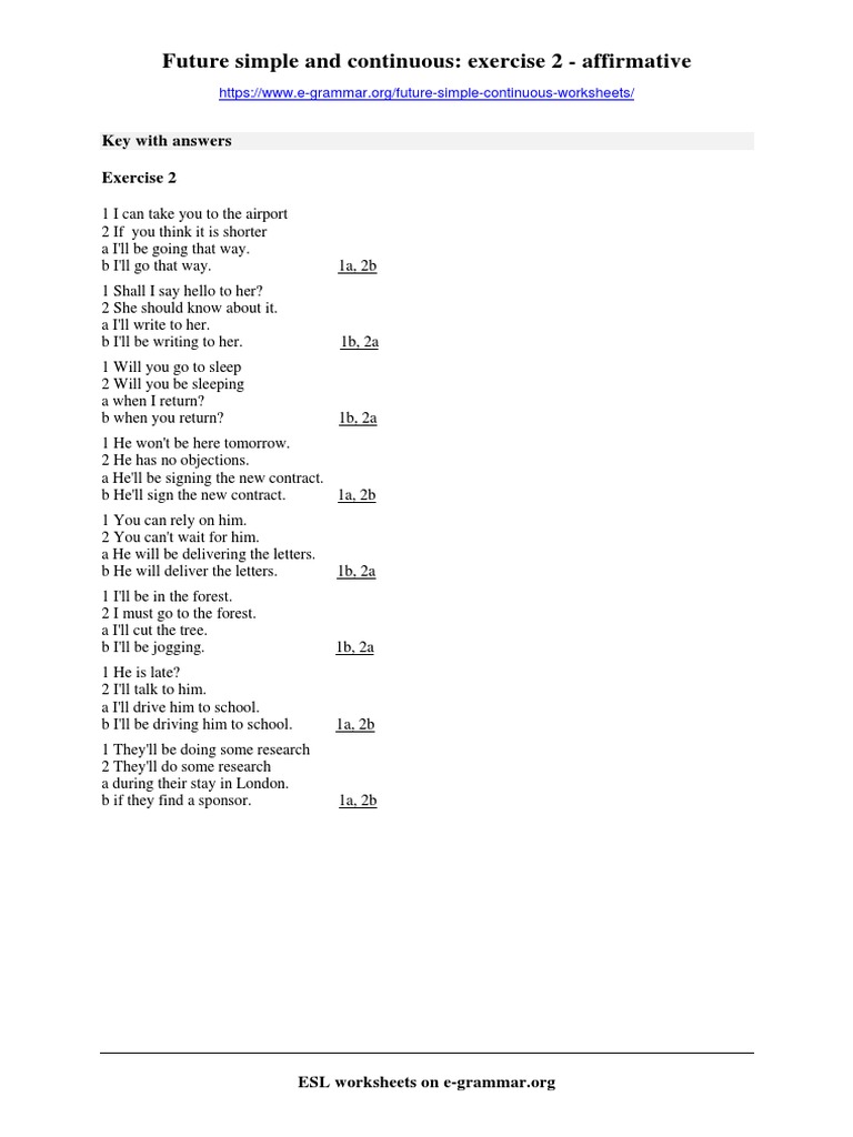 Future Simple and Continuous: Exercise 2 - Affirmative: Key With ...