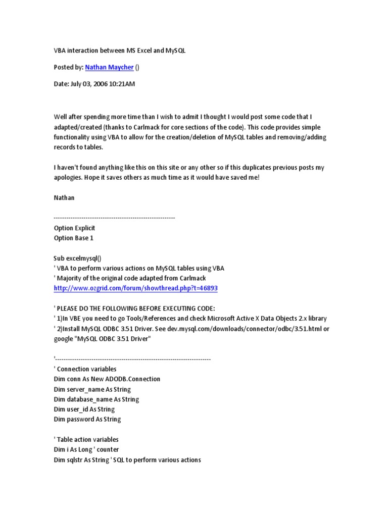 Vba Interaction Between Ms Excel And Mysql Pdf Microsoft Excel My Sql