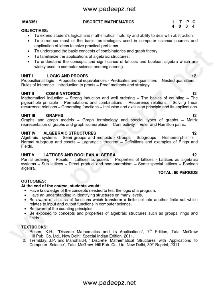 Ma8351 Discrete Mathematics | PDF | Group (Mathematics) | Discrete Mathematics
