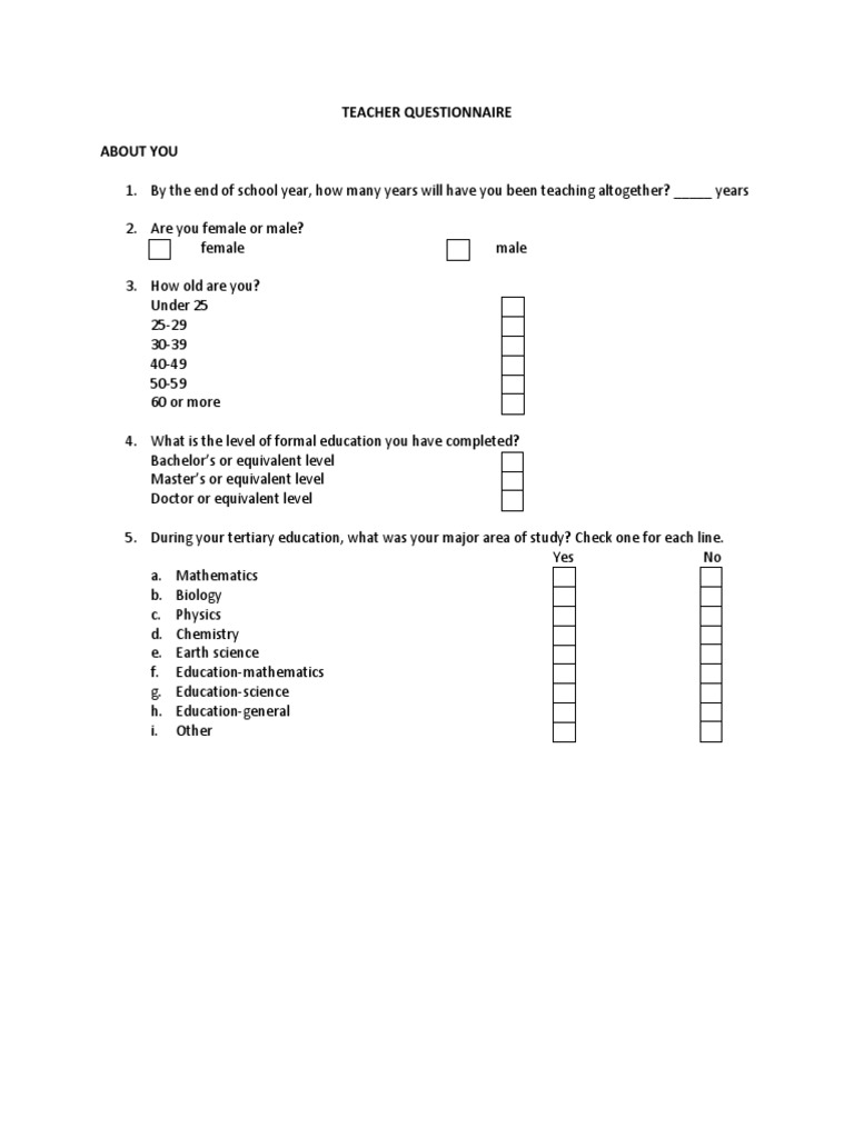 Teacher Questionnaire | PDF | Chemistry | Teachers