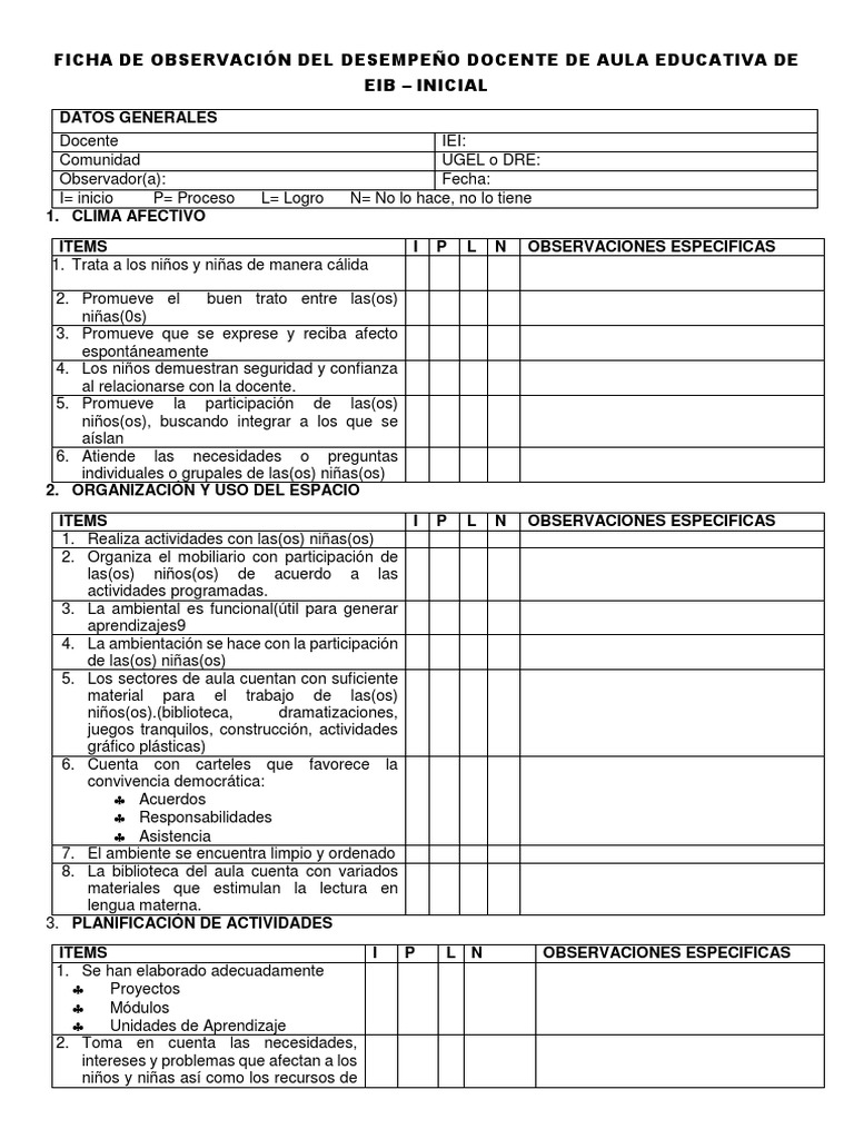 Ficha de Observacion Del Desempeño Docente de Aula Educativa de Eib | PDF | Salón de clases ...