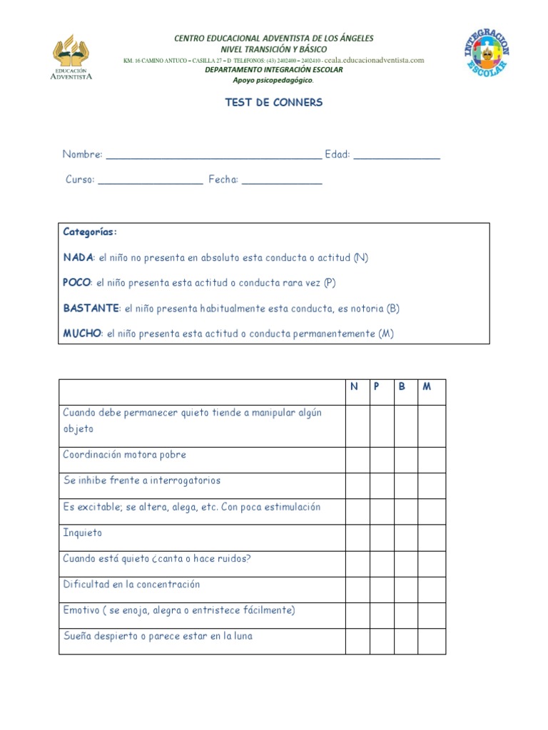 Test de Conners | PDF | Ciencias del comportamiento | Conceptos ...