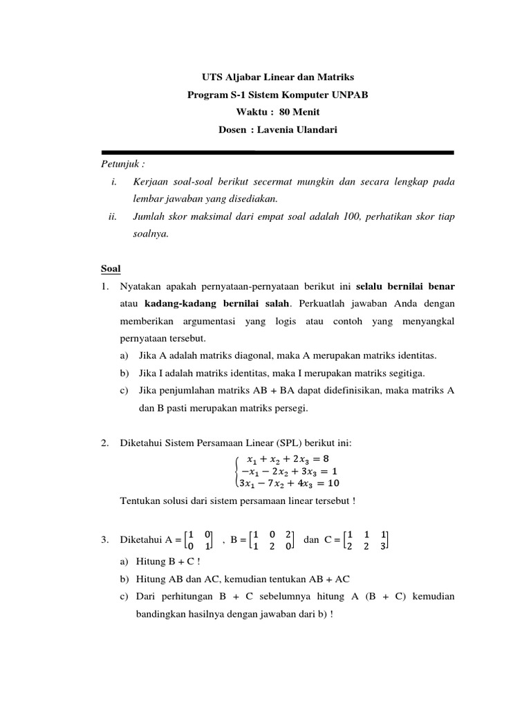 UTS Aljabar Linear dan Matriks UNPAB | PDF | Metode & Bahan Ajar