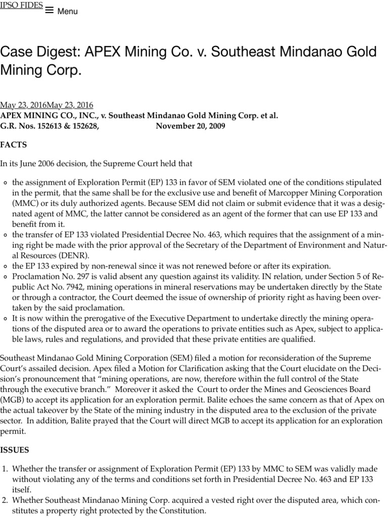 Case Digest: APEX Mining Co. v. Southeast Mindanao Gold Mining Corp ...