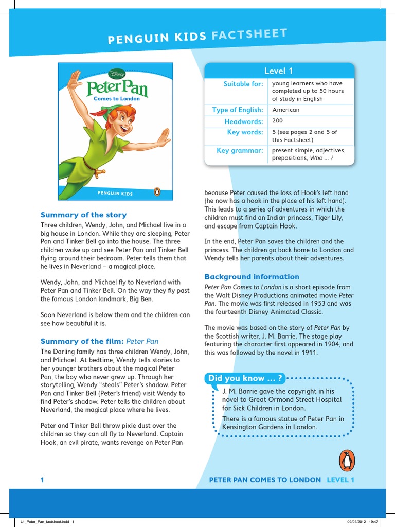 L1 Peter Pan Factsheet PDF | PDF | Wendy Darling | Peter Pan
