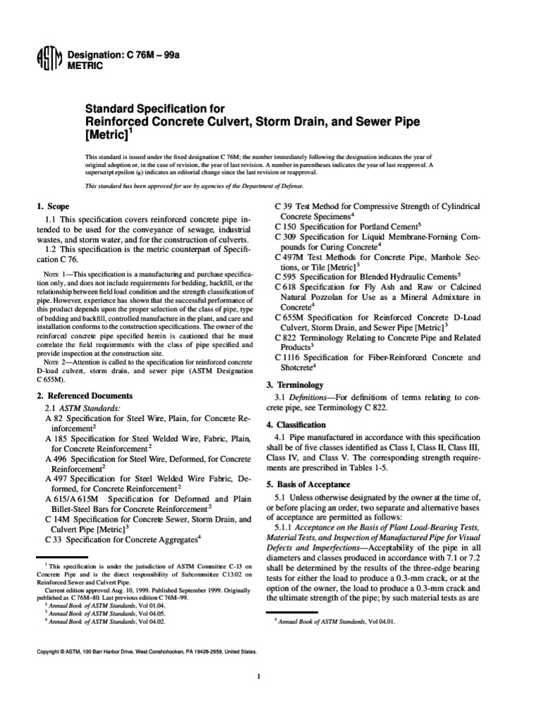 Astm c76 99a | Concrete | Pipe (Fluid Conveyance)