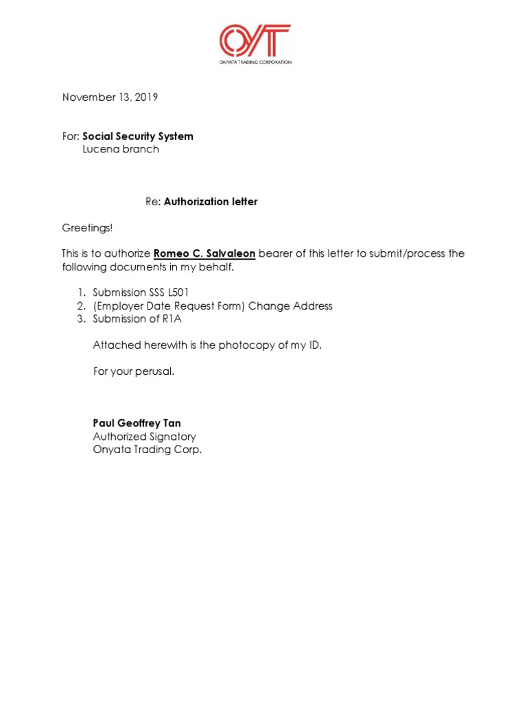 Authorization Letter SSS | PDF