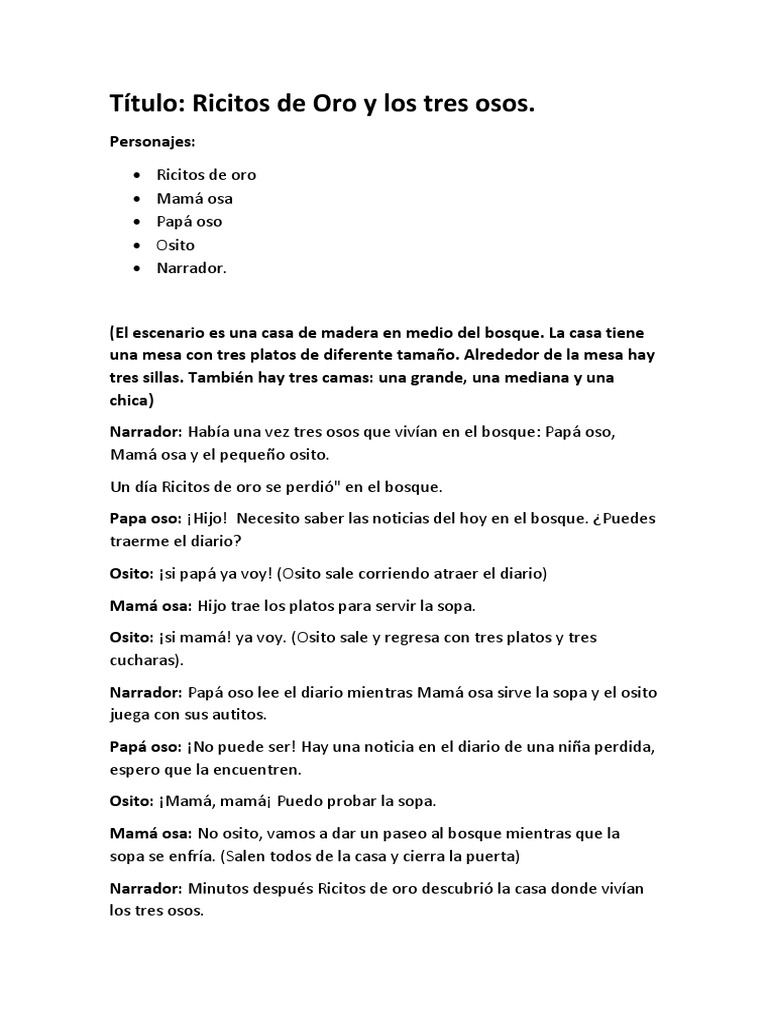 Ricitos de Oro Guion y Personajes | Ricitos de oro y los tres osos
