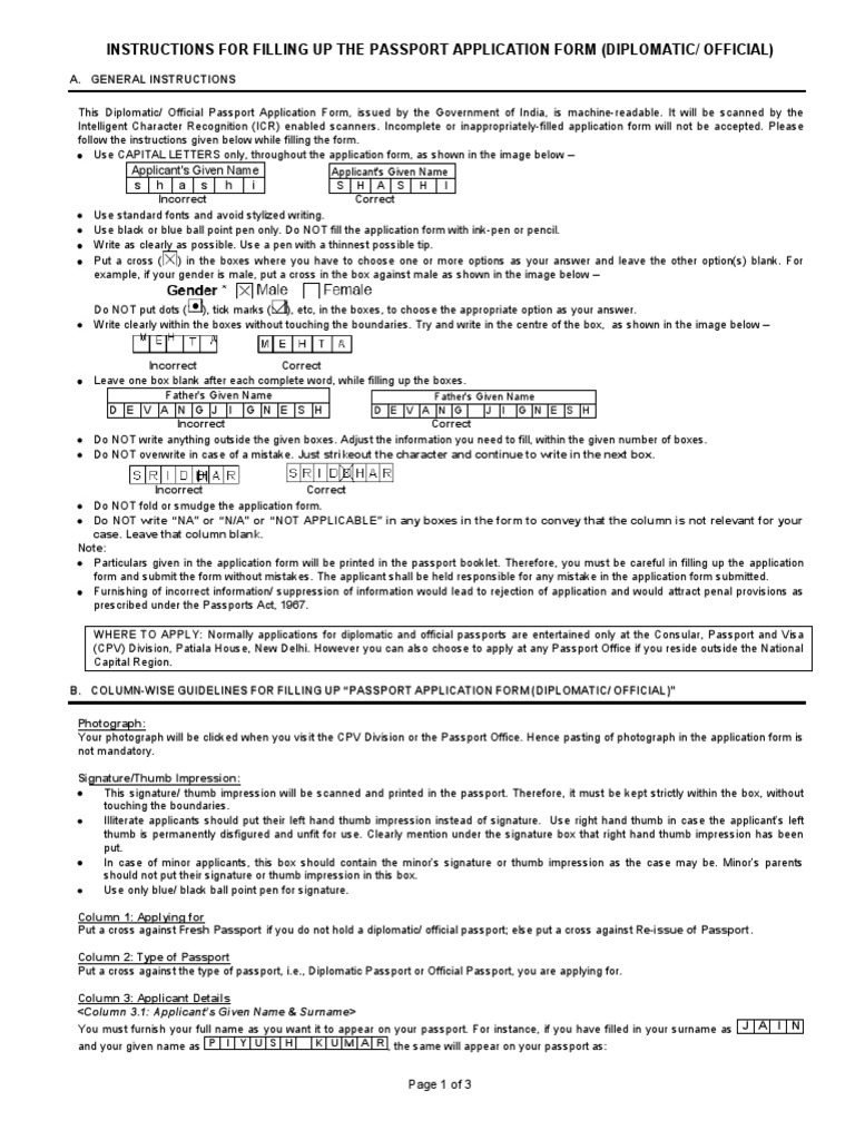 Instructions For Filling Up The Passport Application Form (Diplomatic ...