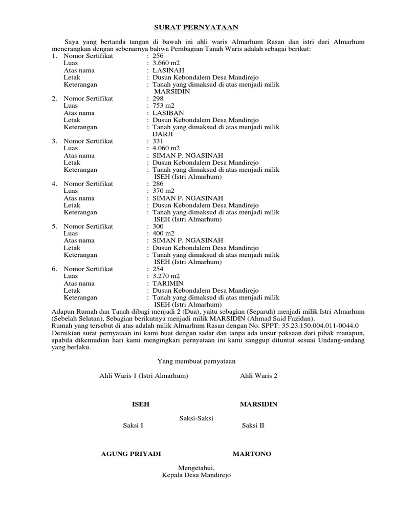 Contoh Surat Pernyataan Pembagian Waris | PDF