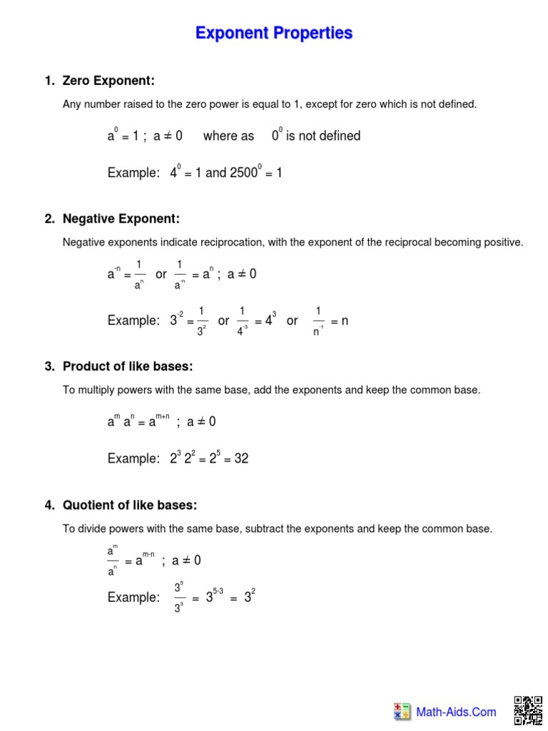 Exponent Properties PDF | PDF | Fraction (Mathematics) | Exponentiation