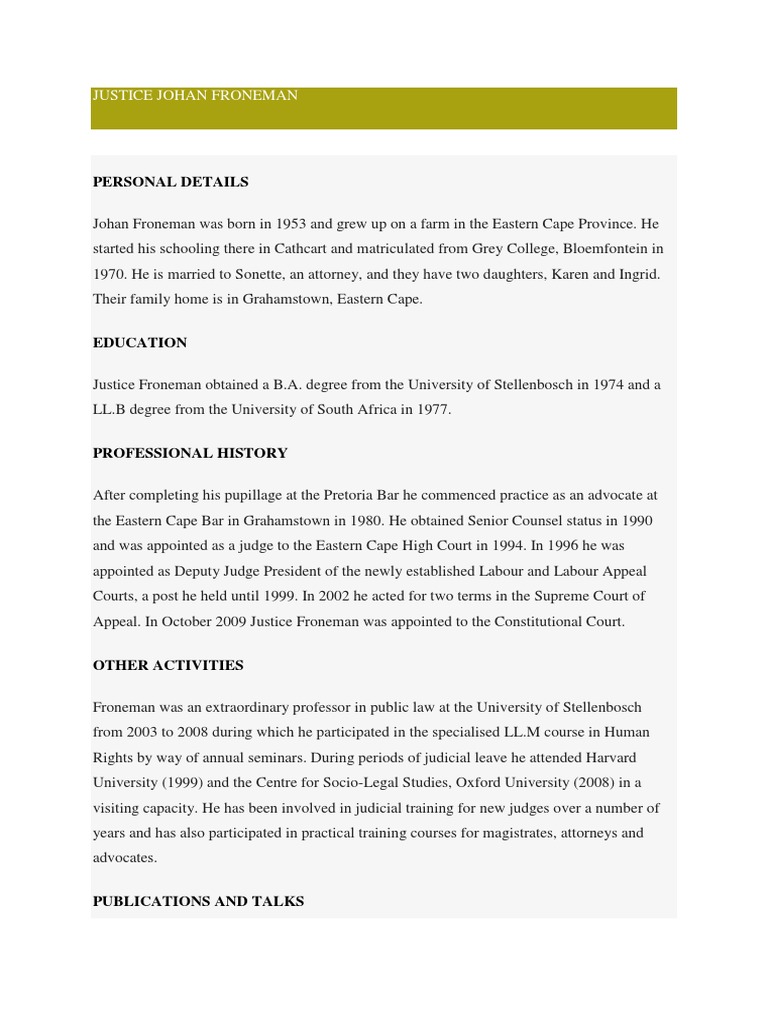 Justice Johan Froneman | PDF | Advocate | Judge
