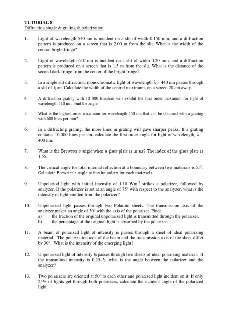 TUTORIAL 8 (Diffraction Single & Grating & Polarization) | PDF | Diffraction | Polarization (Waves)