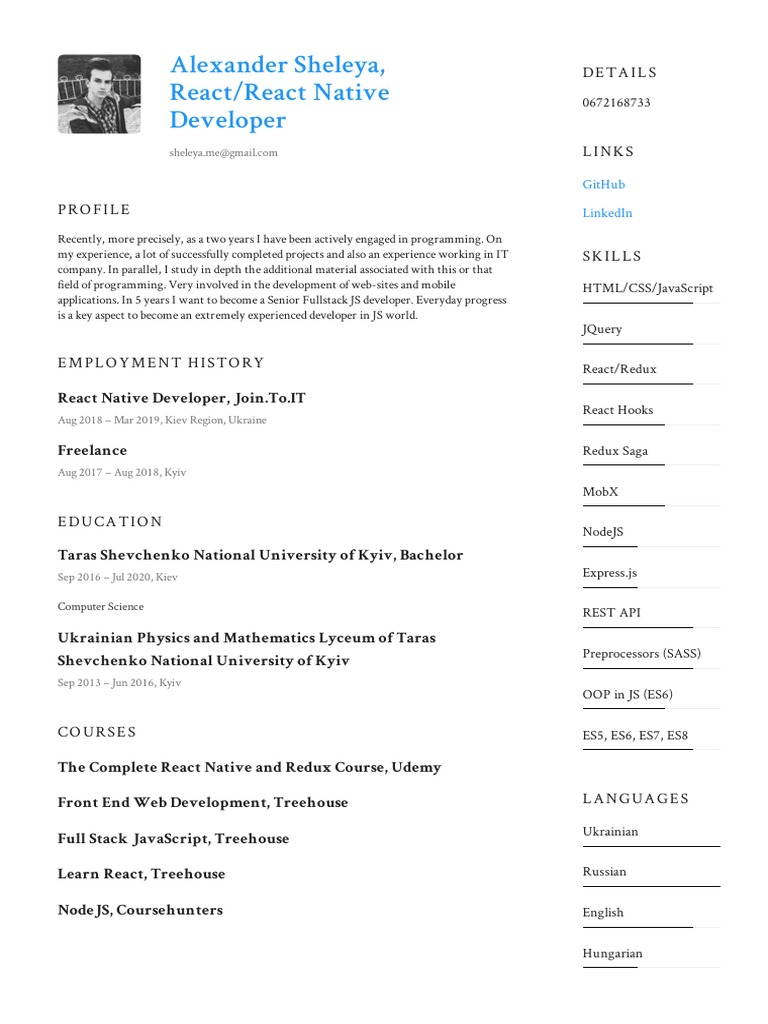 Alexander Sheleya - Resume - React React Native Developer | PDF ...