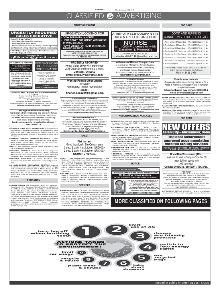 Urgently Hiring Classified Ads | PDF | Qatar | Driver's License