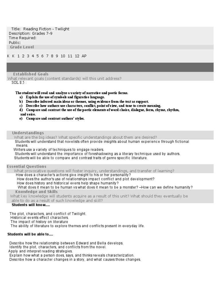 Twilight Unit | PDF | Narration | Reading Comprehension