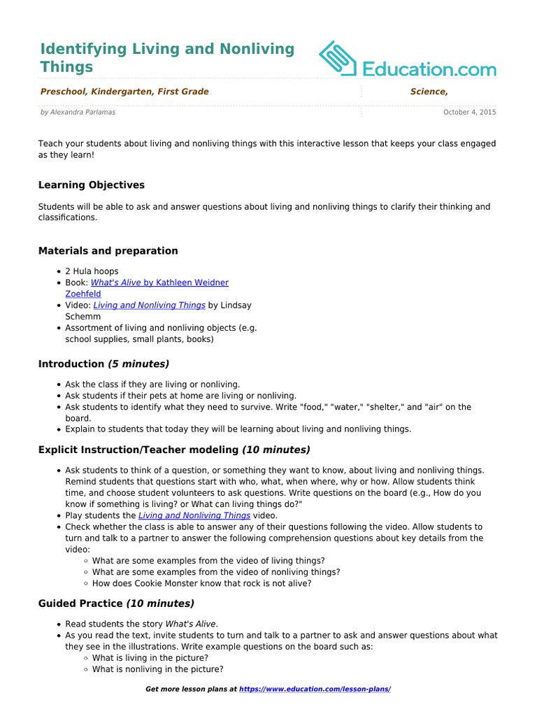 Living vs Nonliving Lesson Plan | PDF | Question | Reading Comprehension