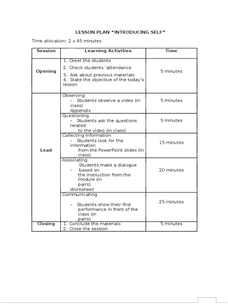 Lesson Plan "Introducing Self": Appendix | PDF